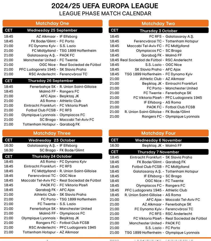 Calendrier Ligue Europa 2024-2025 : les matchs de la phase de ligue